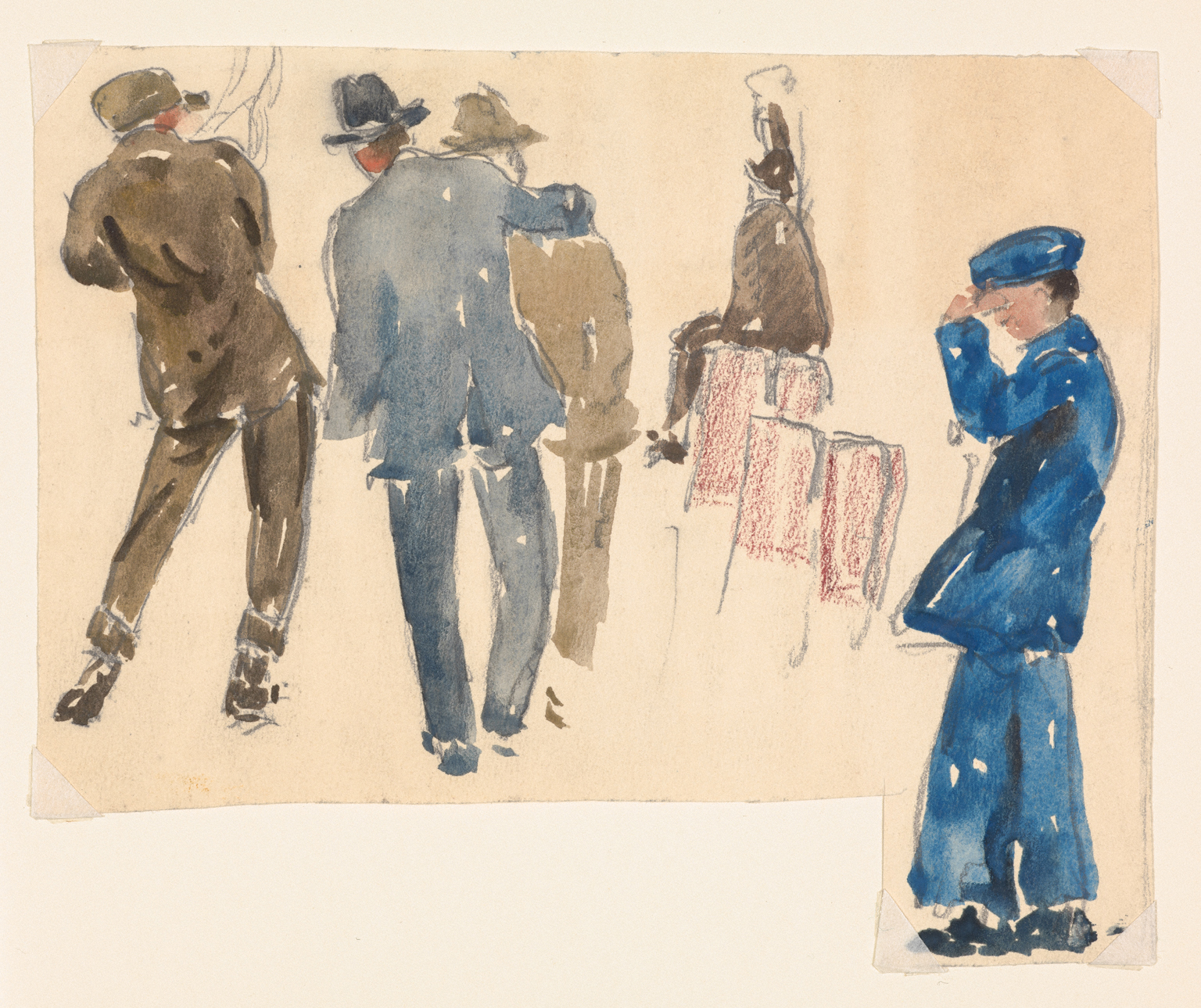 Three standing men seen from behind; seated man and standing sailor seen from side | The ...